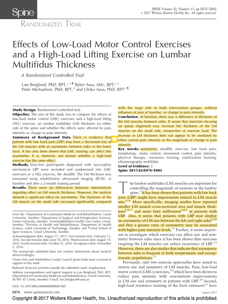 Effects of Low-Load Motor Control Exercises and A High-Load Lifting ...