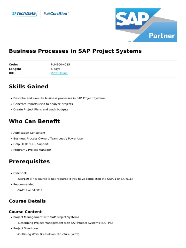 Business Processes in SAP Project Systems: Course Details | PDF ...