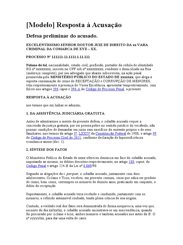 (Modelo) Resposta À Acusação - Defesa Preliminar Do Acusado | PDF ...