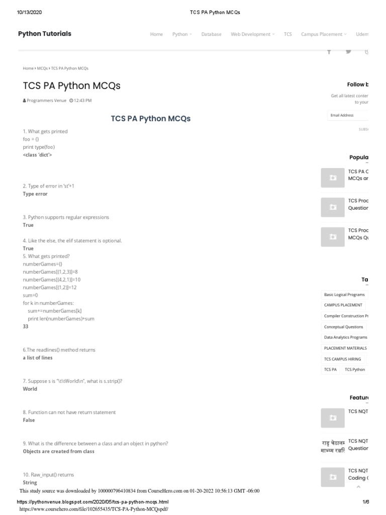 TCS PA Python MCQs PDF | PDF | Python (Programming Language) | Computer ...