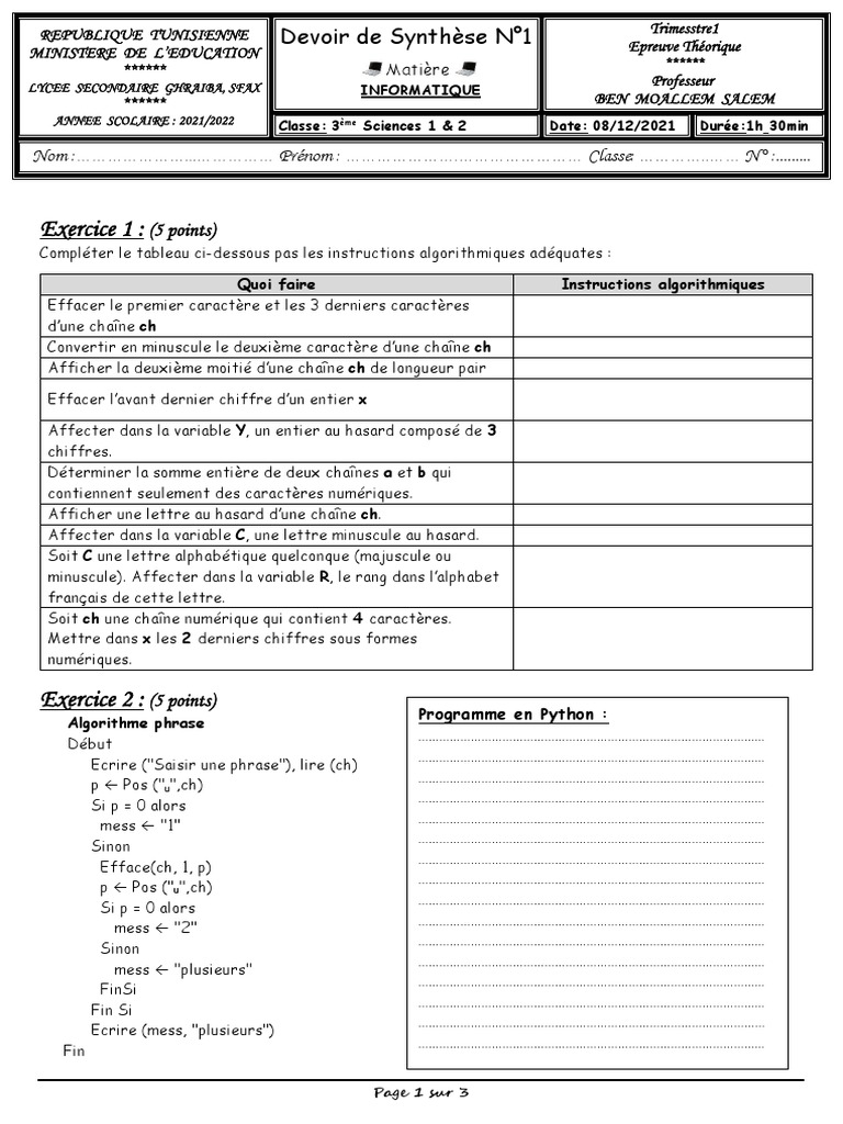 Devoir de Synthèse en Informatique 3ème | PDF | Informatique | Informatique
