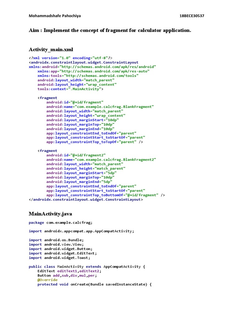 Aim Implement The Concept Of Fragment For Calculator Application Activity Main Xml Pdf