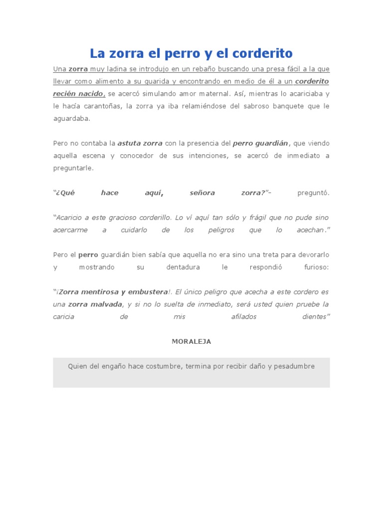 La Zorra El Perro y El Corderito | PDF