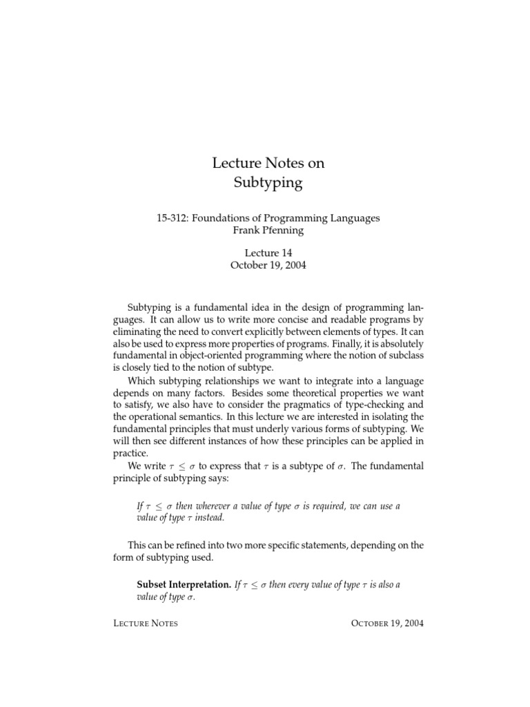 Lecture Notes On Subtyping 15 312 Foundations Of Programming Languages Frank Pfenning October 0596