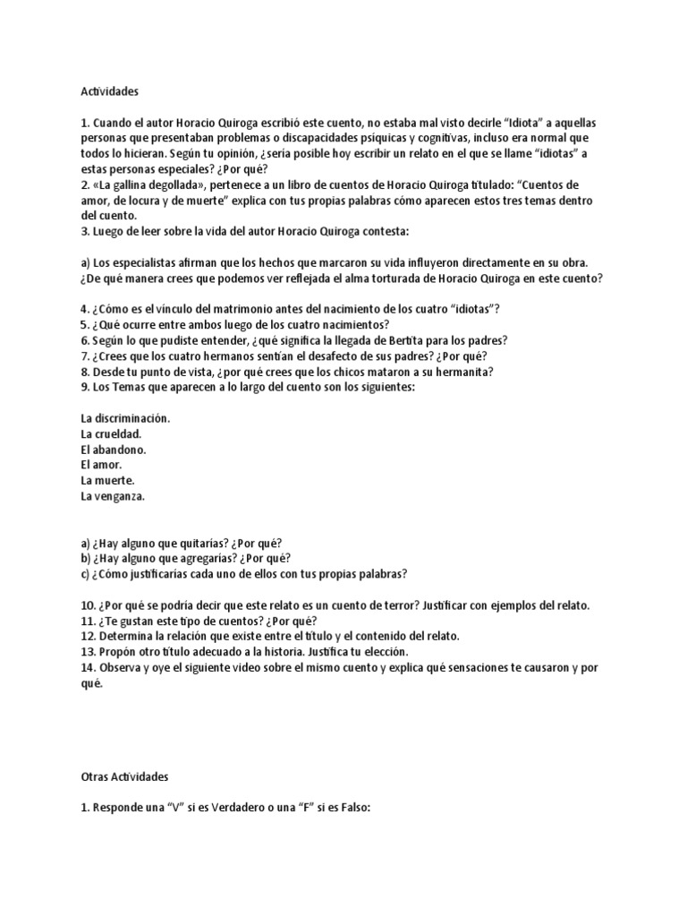 Actividades La Gallina Degollada - Quiroga | PDF | Cuentos | Amor