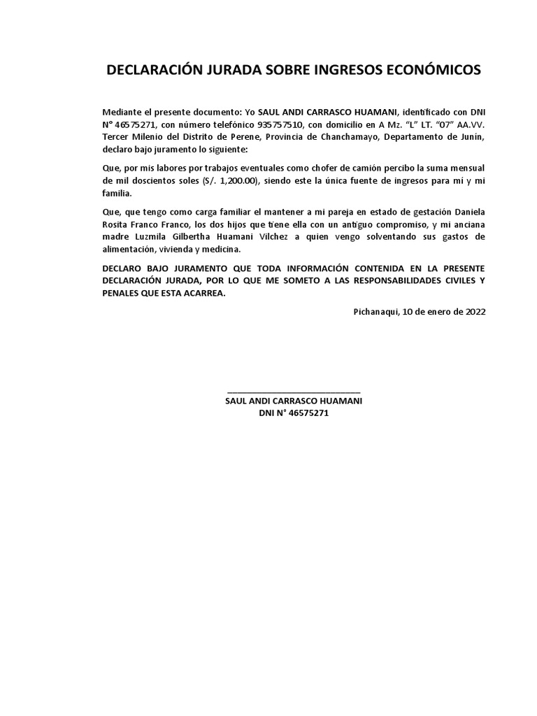 Declaración Jurada Sobre Ingresos Económicos | PDF