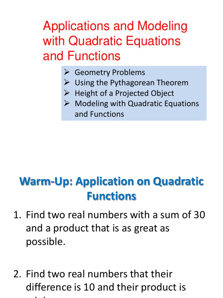 Applications and Modeling of Quadratic Equations and Functionsdxx | PDF ...