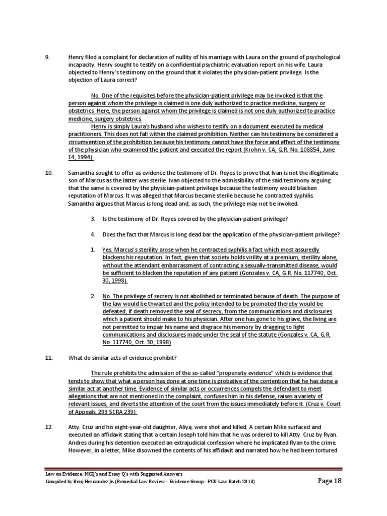 Evidence MCQs and Essays Final 18 | PDF | Testimony | Justice