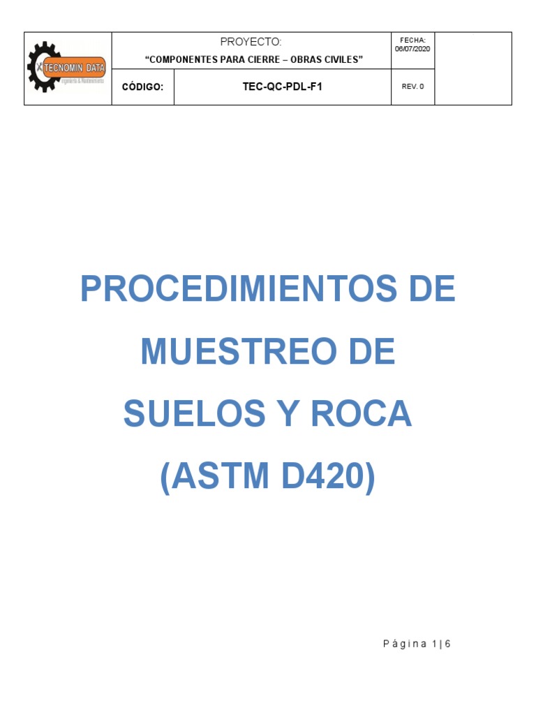 TEC-QC-PDL-F1 (Muestreo de Suelosy Rocas ASTM D420) | PDF | Suelo ...