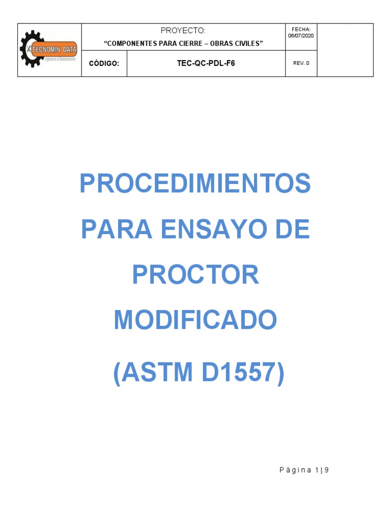 TEC-QC-PDL-F6 (Proctor Modificado ASTM D1557) | PDF | Densidad | Agua