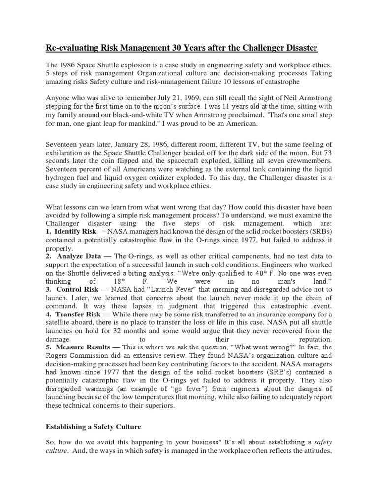 Re-Evaluating Risk Management 30 Years After The Challenger Disaster ...