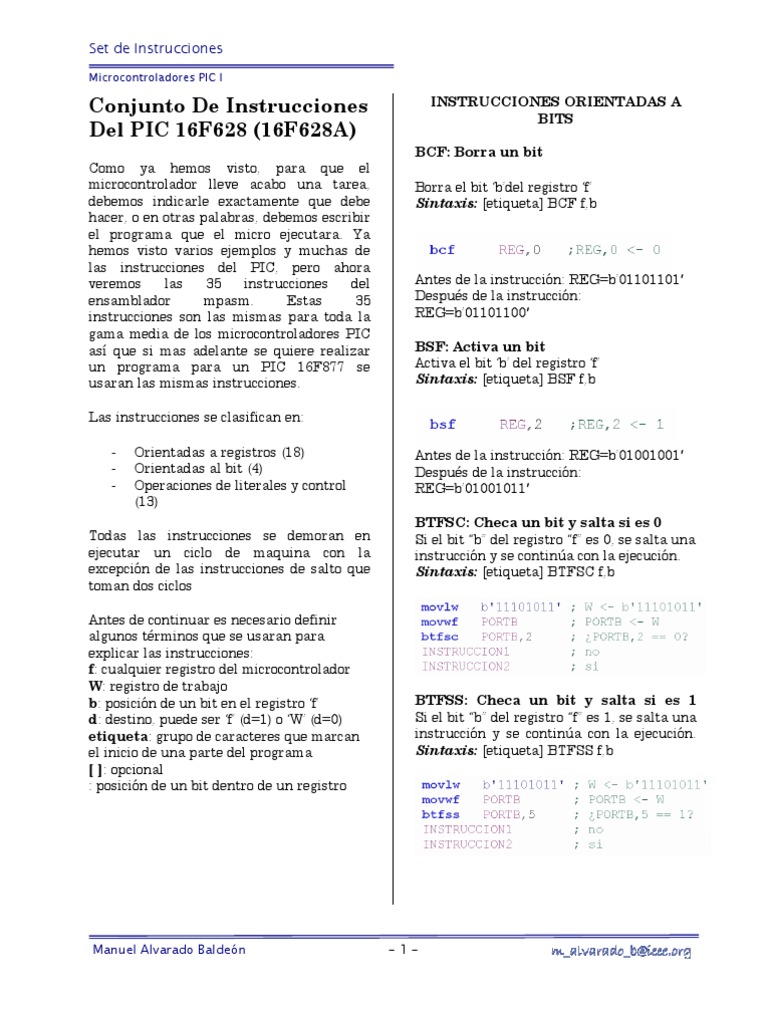 Instrucciones del Microcontrolador PIC 16F628 | PDF | Microcontrolador | Poco