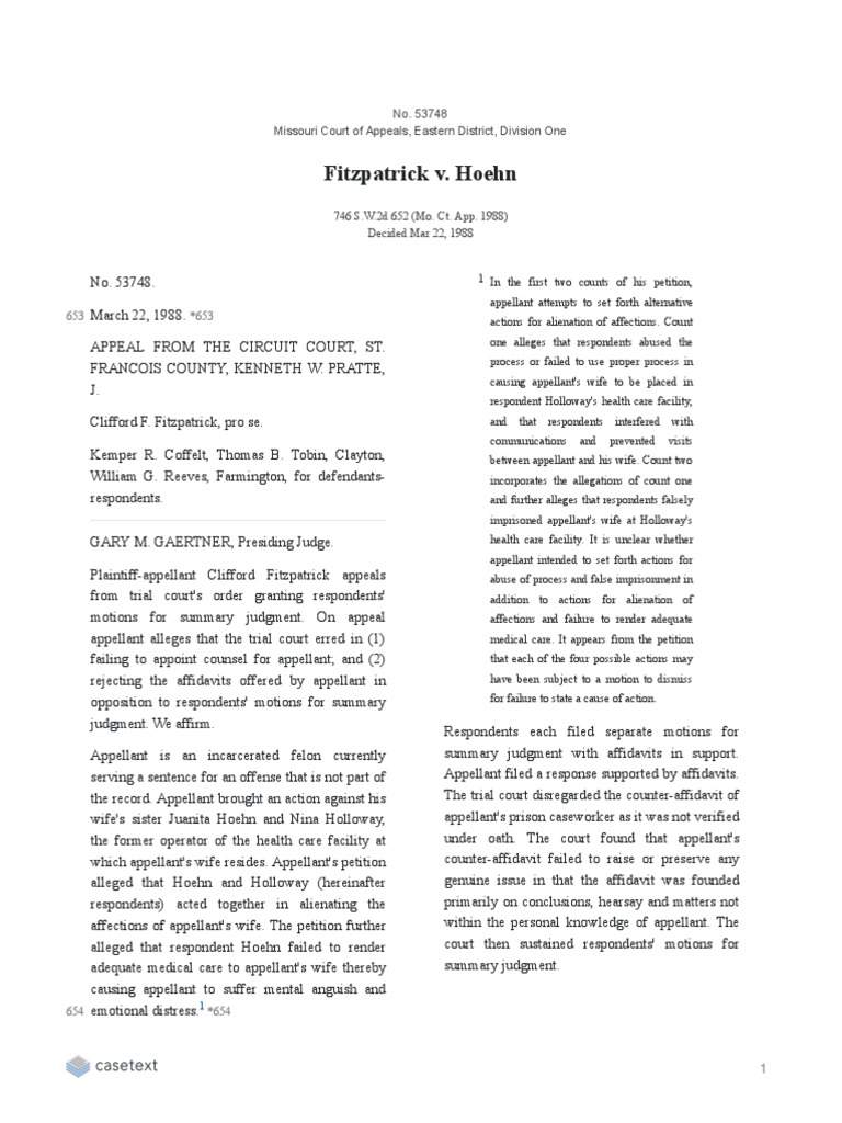 Fitzpatrick v. Hoehn | PDF | Lawsuit | Affidavit