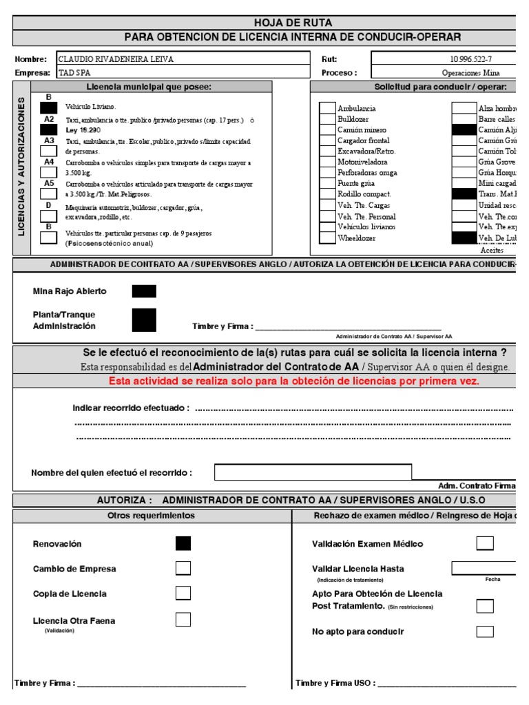 Formato Nueva Hoja Ruta Lic Interna Conducir Claudio Rivadeneira | PDF ...