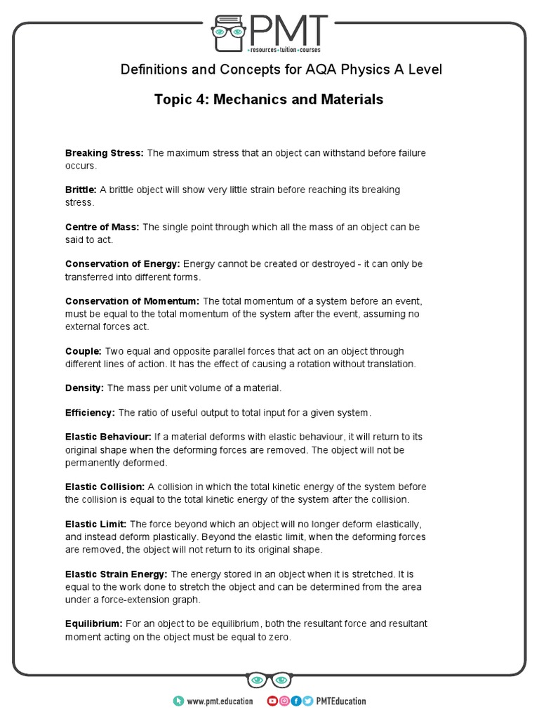 AQA A Level Physics: Mechanics & Materials Definitions | PDF | Force ...