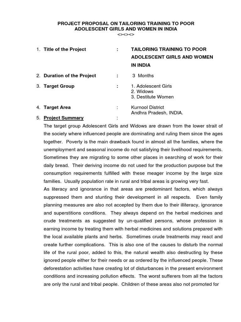 Project Proposal On Tailoring Training To Poor Adolescent Girls and ...