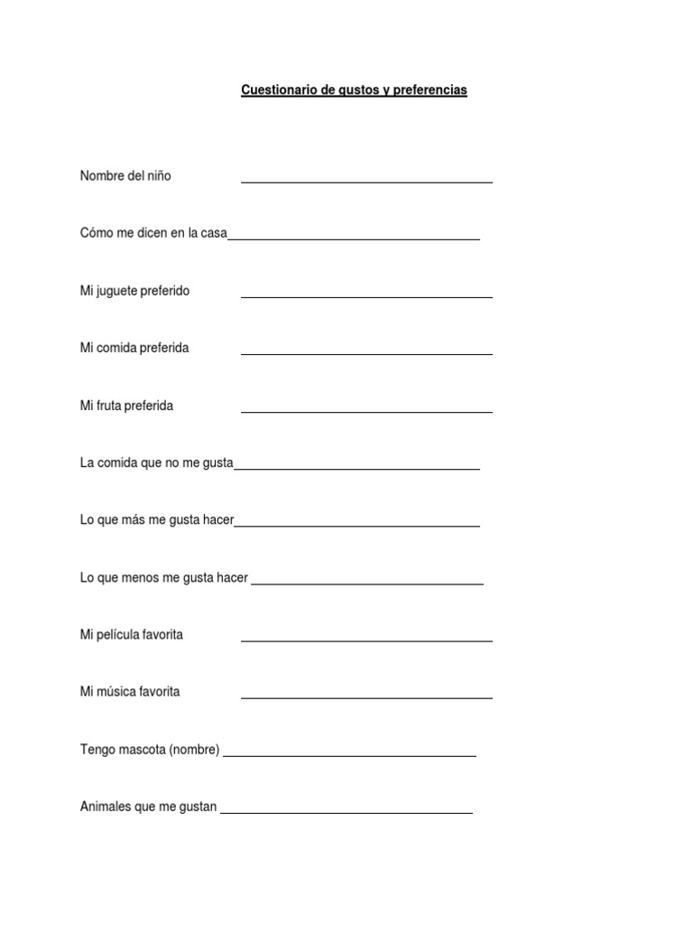 Cuestionario de Gustos y Preferencias Infantil | PDF | Percepción ...