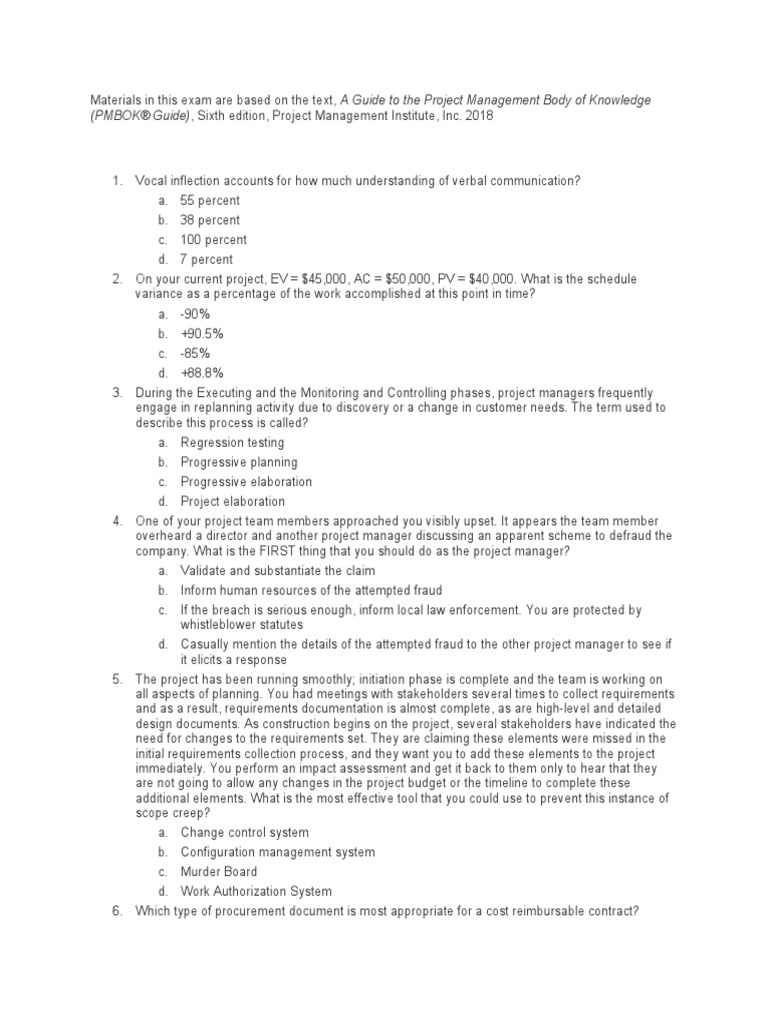 PMI Sample Questions | PDF | Risk | Project Management
