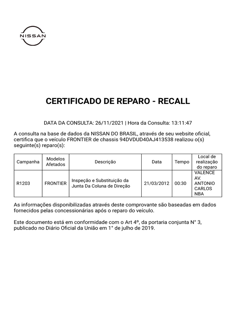 Comprovante de Recall | PDF