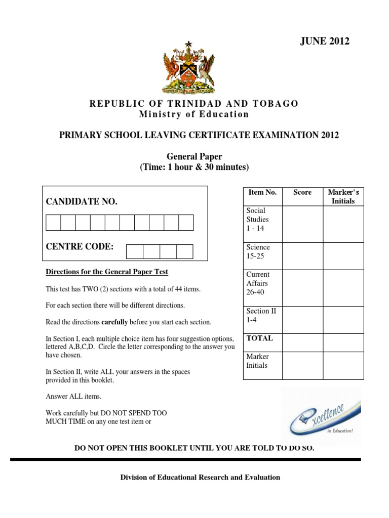 PSLCE General Paper 2012 Exam Guide | PDF | Trinidad And Tobago ...