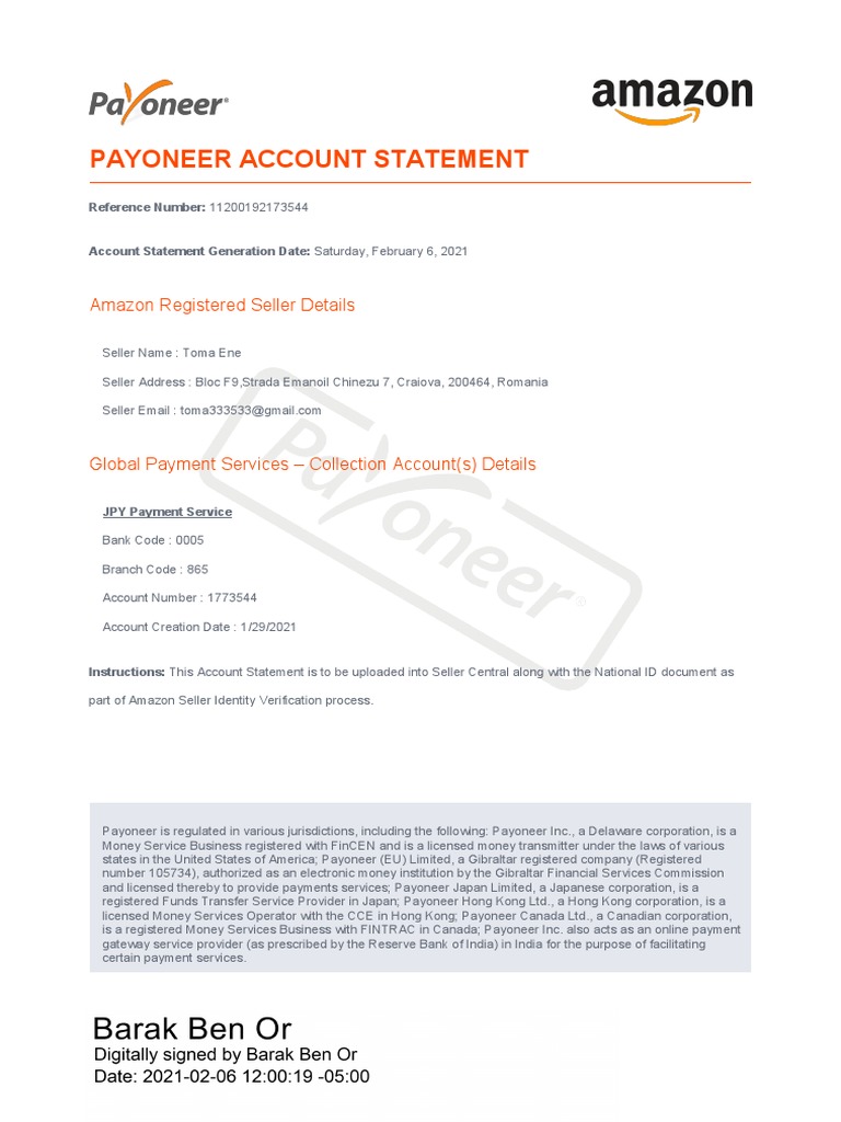 Payoneer Account Statement: Reference Number: 11200192173544 | PDF ...