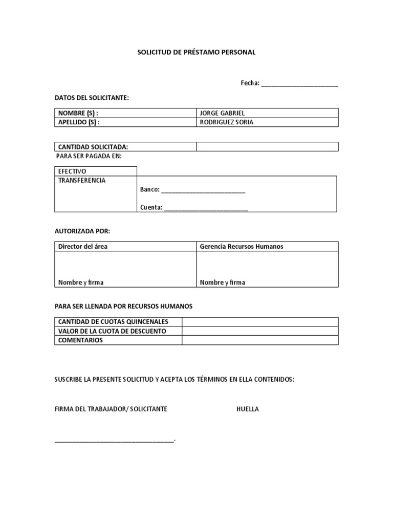 Modelo De Formulario De Prestamo Personal Formato Prestamo Personal