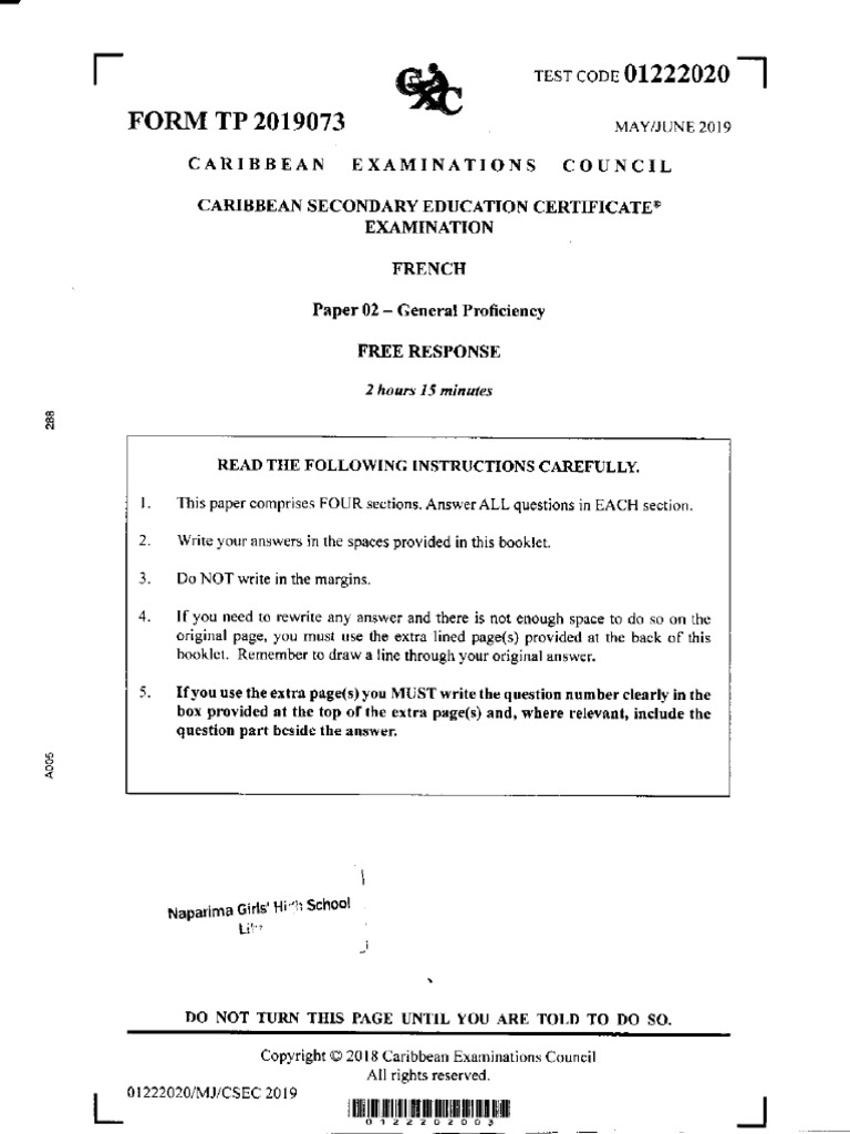 CSEC French 2019 Paper 02 | PDF