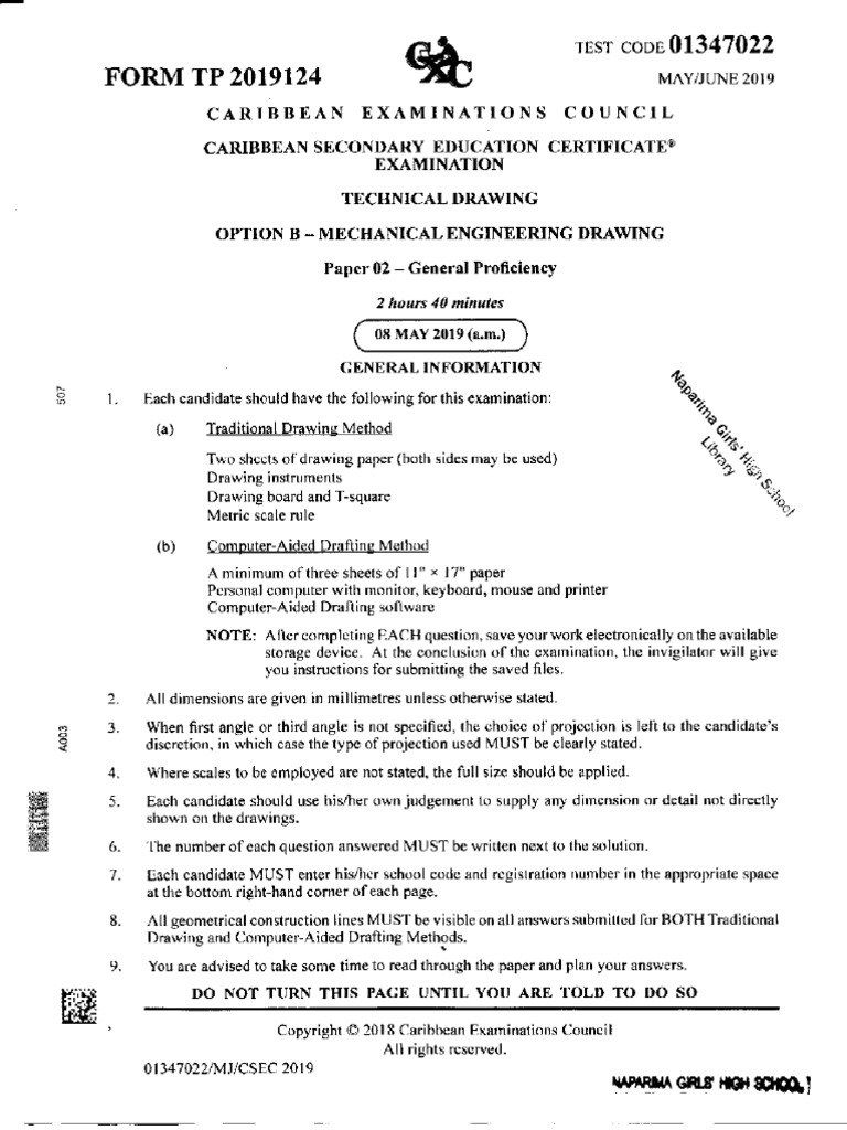 CSEC Technical Drawing (Machanical) 2019 Paper 02 | PDF