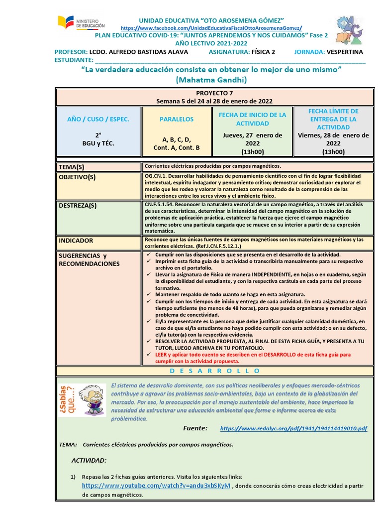 FICHA GUIA Sem5 PROY7 2° BGU FIS - 2 A - BASTIDAS | PDF | Campo magnético | Magnetismo
