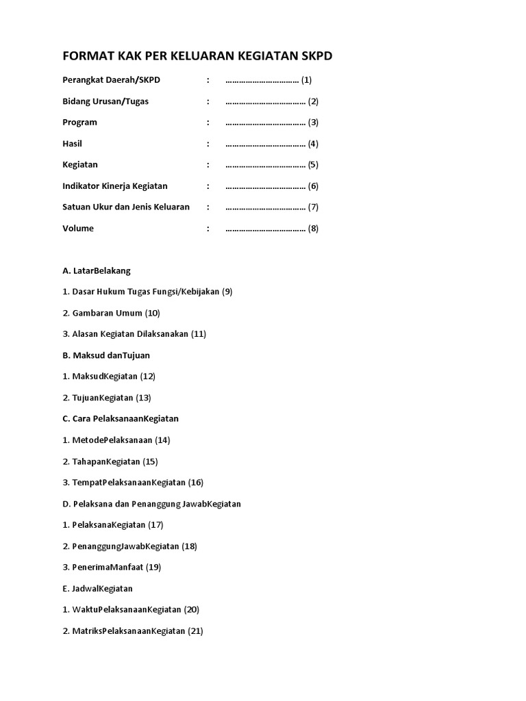 Format Kak Per Keluaran Kegiatan SKPD | PDF