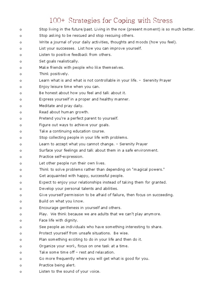 Stress Strategies - 100 Coping Skills | PDF | Prayer | Psychological ...