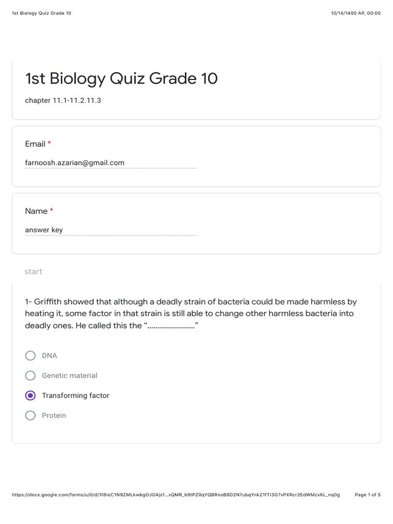 1st Biology Quiz Grade 10 | PDF | Dna | Nucleotides