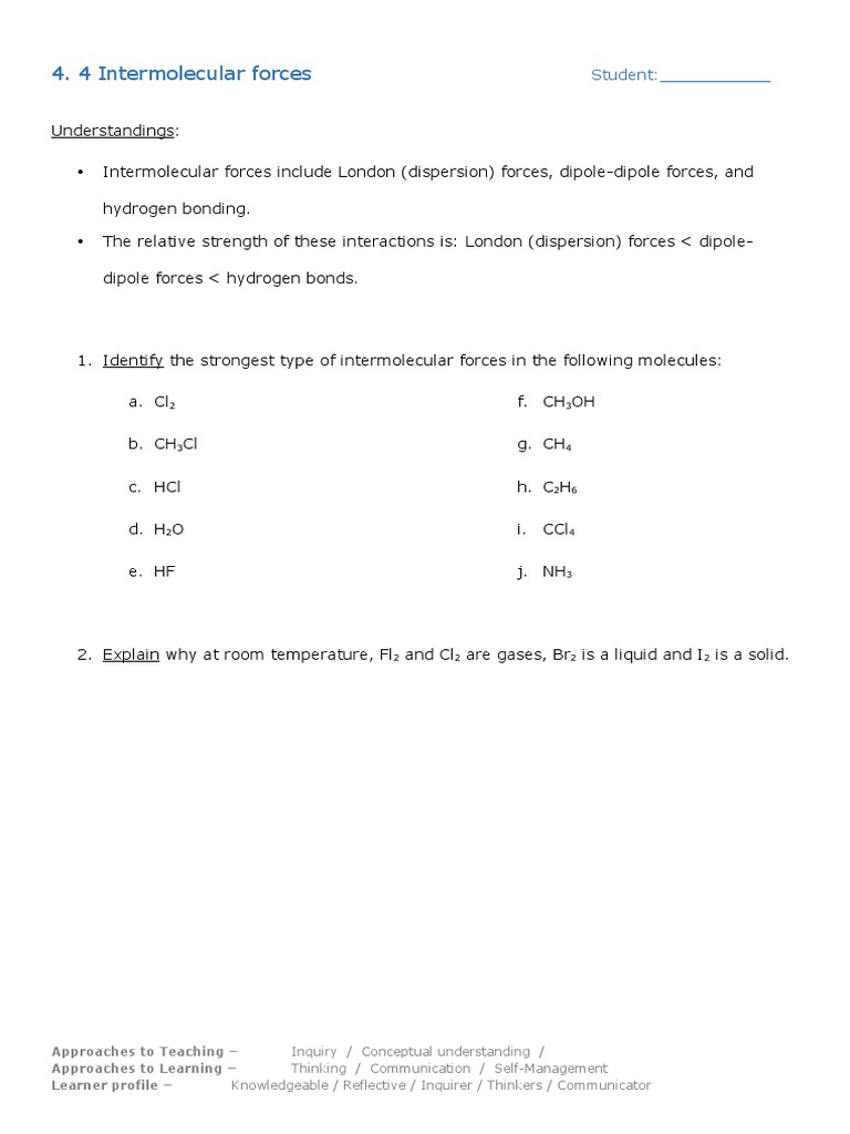 4 Intermolecular Forces: Student | PDF | Intermolecular Force ...