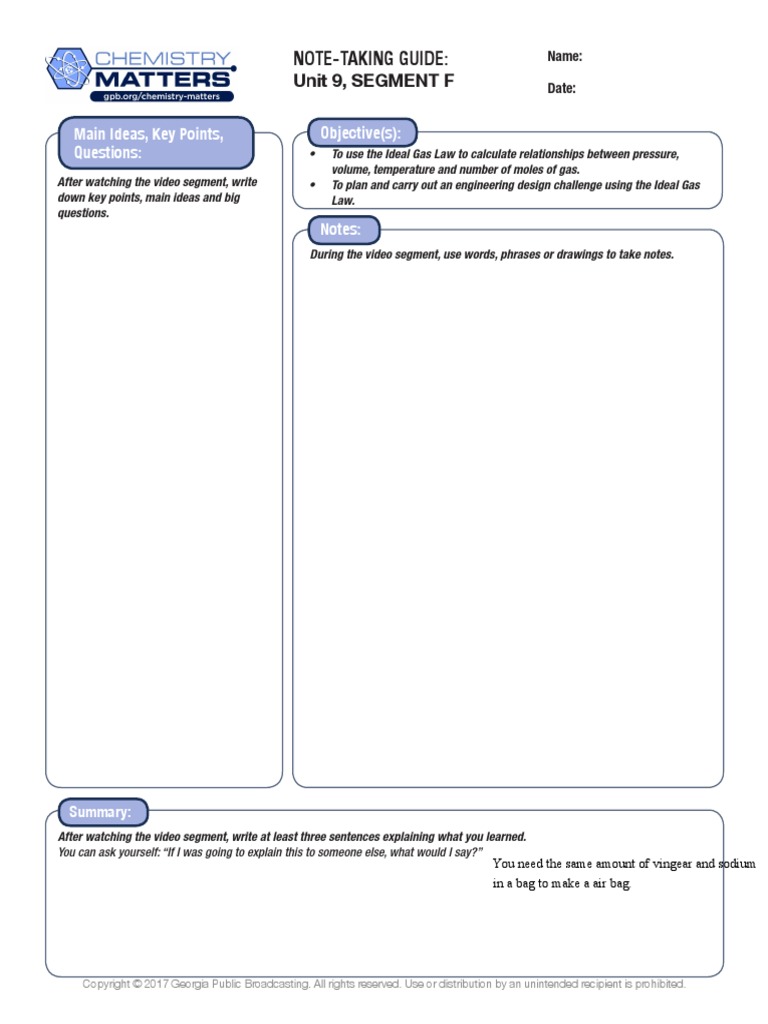 Malaysha Brunner - Unit 9F Note-Taking Guide & Segment Questions | PDF | Gases | Mole (Unit)