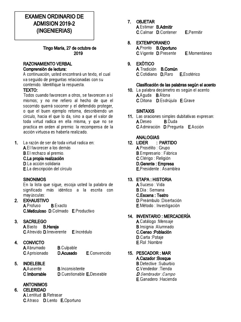 Examen Ordinario de ADMISION 2019-2 (Ingenierias) | PDF | Biología | Amoníaco