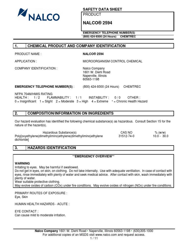 NALCO® 2594: Safety Data Sheet | PDF | Dangerous Goods | Personal ...