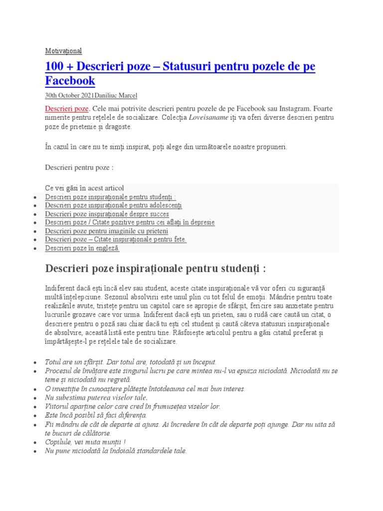 Descrieri Poze - Statusuri Pentru Pozele de Pe Facebook Loveisaname | PDF