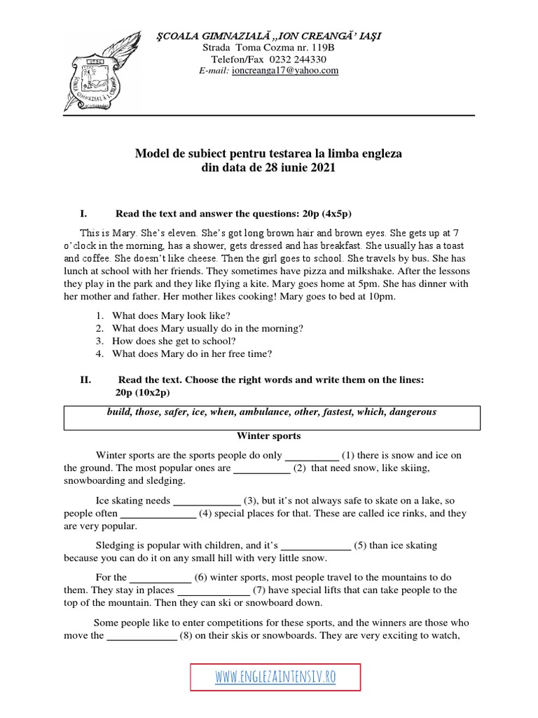 English Test Model for Students | PDF
