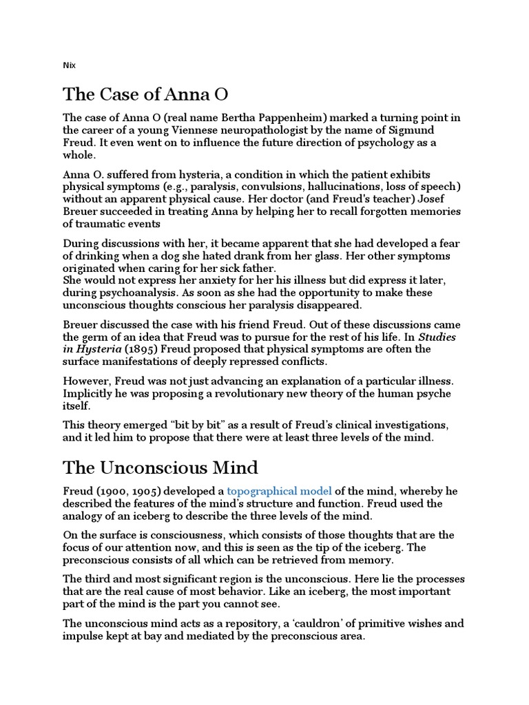 The Case of Anna O: in Hysteria (1895) Freud Proposed That Physical ...