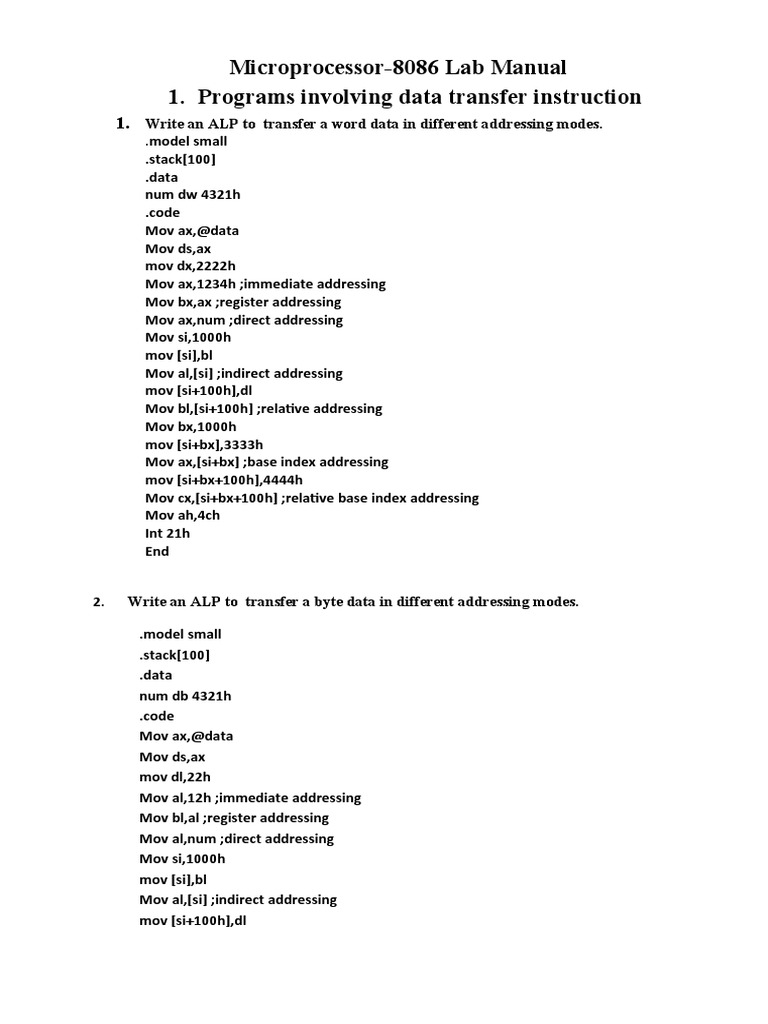 Microprocessor-8086 Lab Manual 1. Programs Involving Data Transfer ...