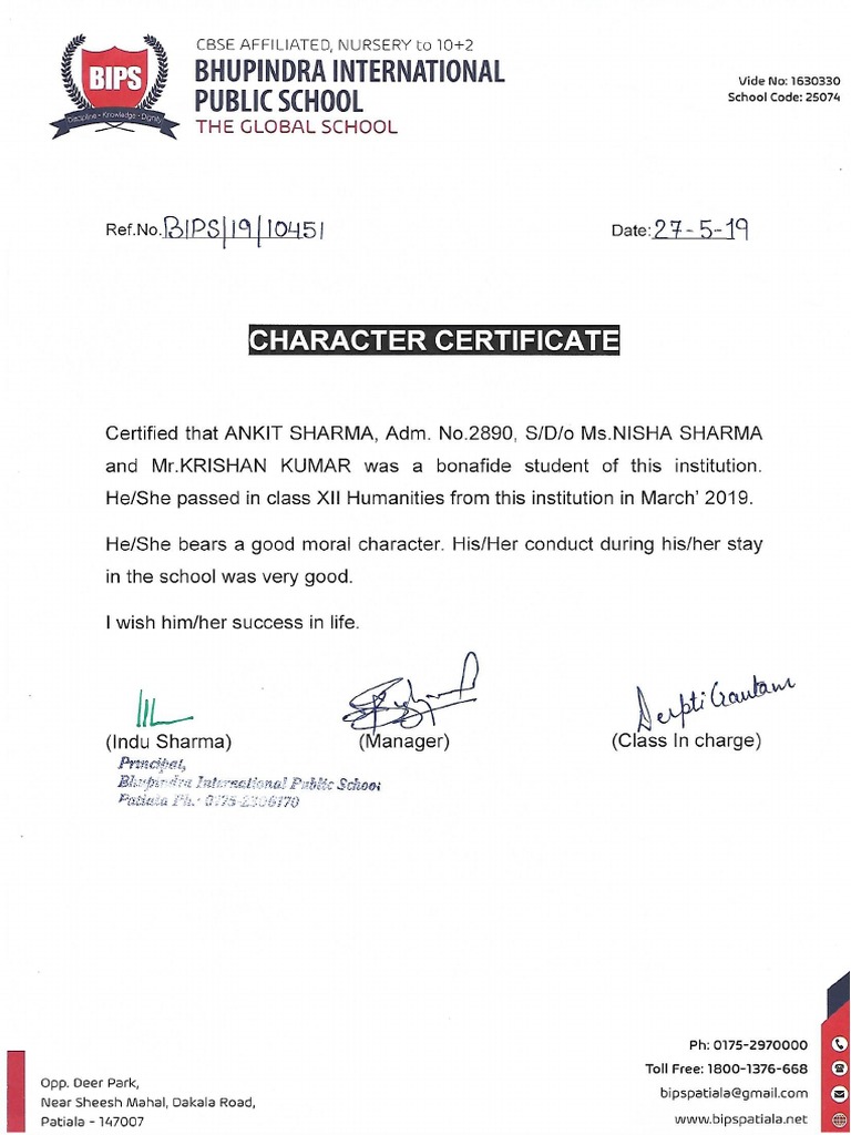 School Character Certificate | PDF
