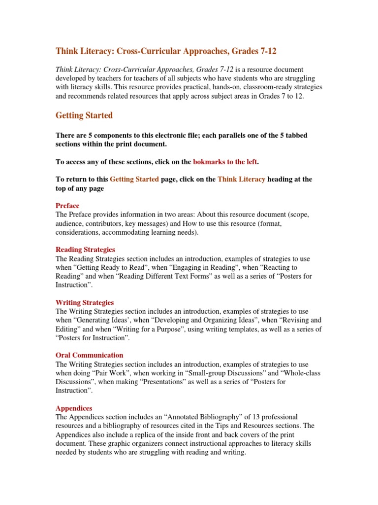 Think Literacy: Cross-Curricular Approaches, Grades 7-12 | PDF ...