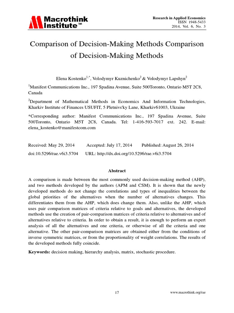 Comparison of Decision-Making Methods Comparison of Decision-Making ...