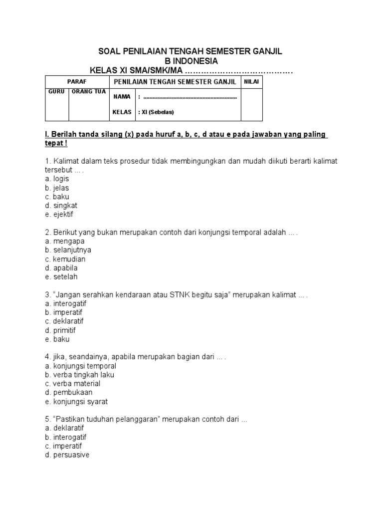 Soal Penilaian Tengah Semester Ganjil Ii | PDF