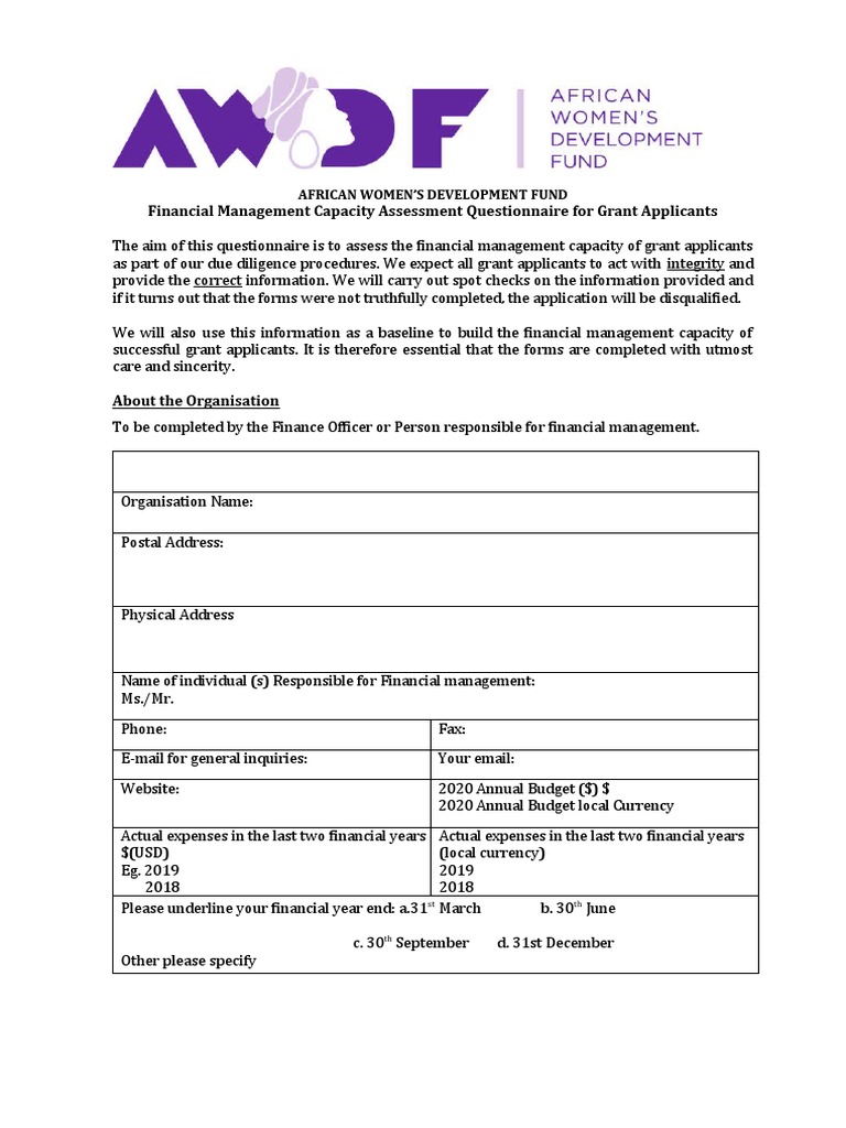 Financial Management Capacity Assessment Questionnaire For Grant ...