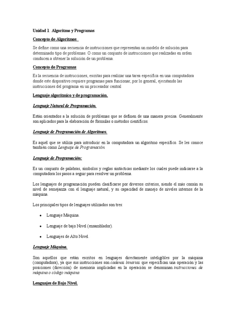 Unidad 1 Algoritmo y Programacion | Descargar gratis PDF | Lenguaje de programación | Algoritmos