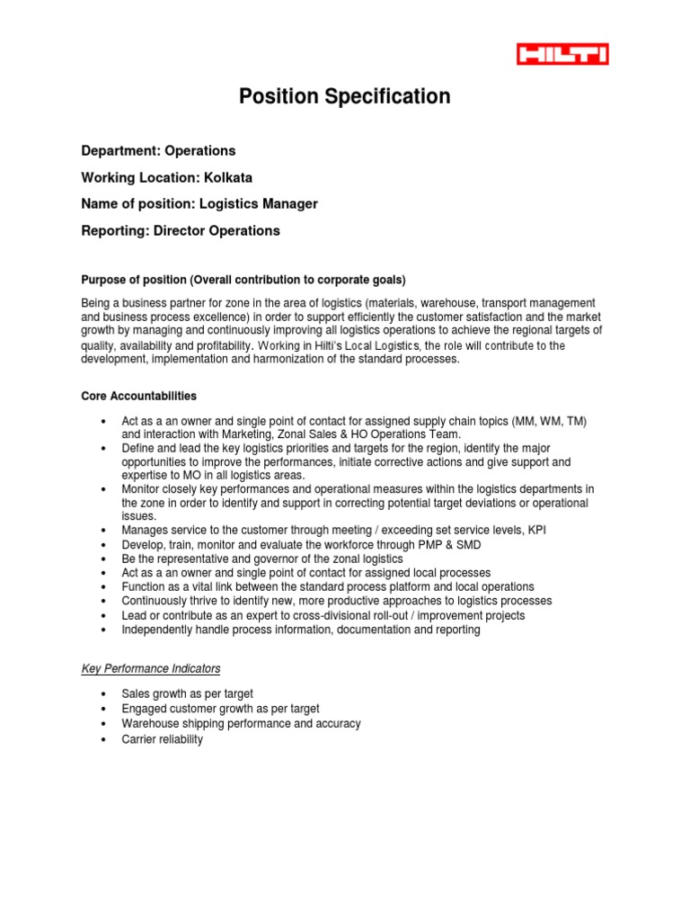 JD - Hilti-Logistics Manager | Download Free PDF | Logistics | Supply Chain