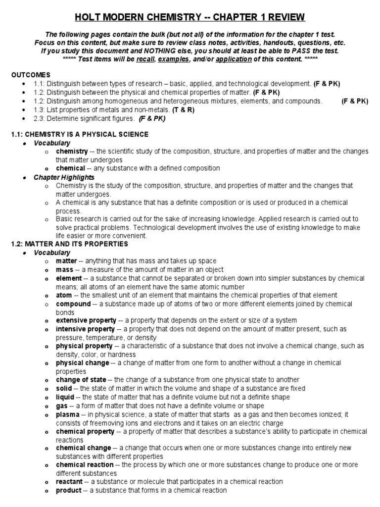 Chemistry Chapter 1 Review | PDF | Chemistry | Chemical Substances