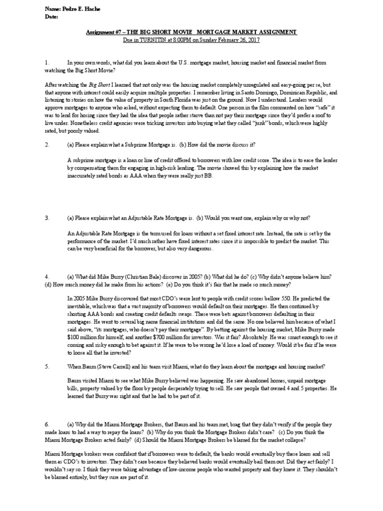 Assignment 7 - The Big Short Movie - Mortgages | PDF | Mortgage Loan ...