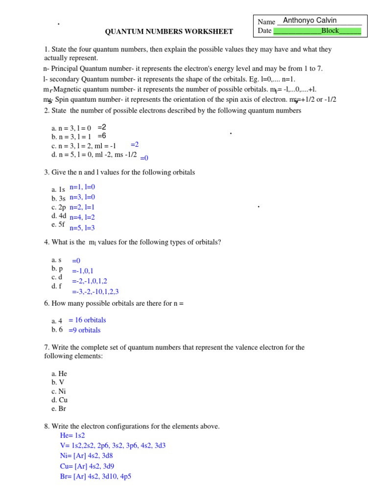 QUANTUM NUMBERS WORKSHEET A.Calvin | PDF | Atomic Orbital | Electron